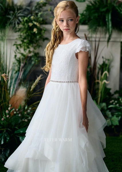 Teter Warm White Lace Bodice Cap Sleeve Tiered Long Gown ES06 – Sara's ...